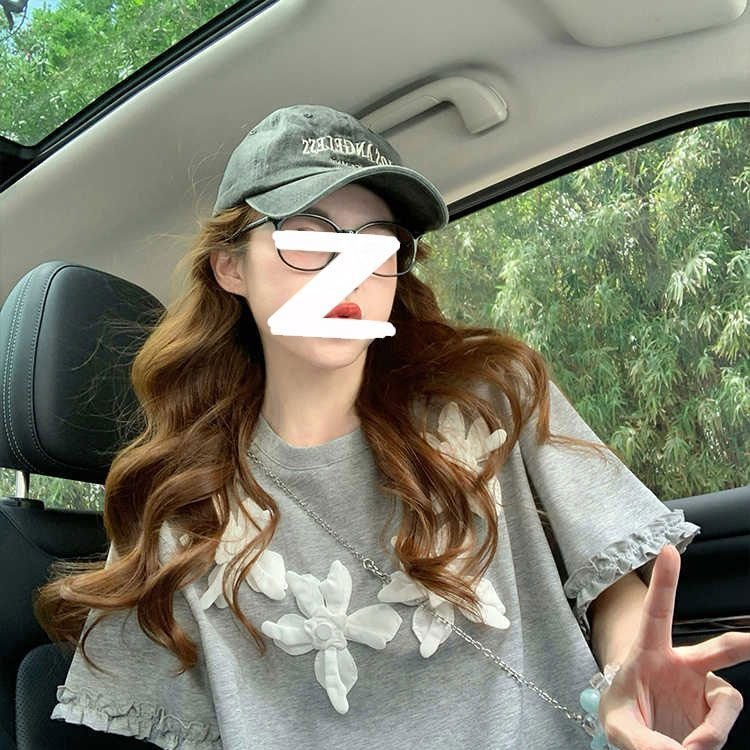 220g纯棉 后包领 立体花朵褶皱袖口短袖T恤女
