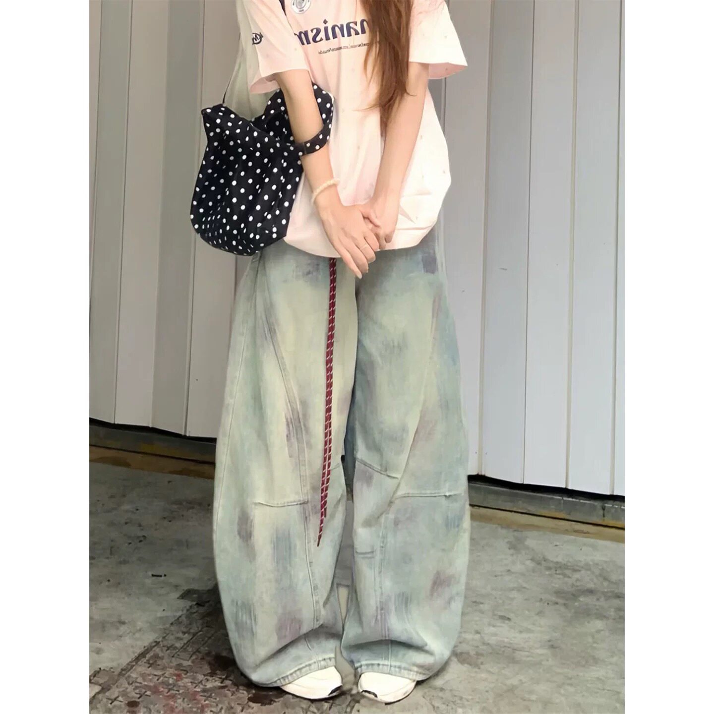 美式复古脏染弯刀裤牛仔裤女夏季设计感工装高腰宽松阔腿镰刀裤子