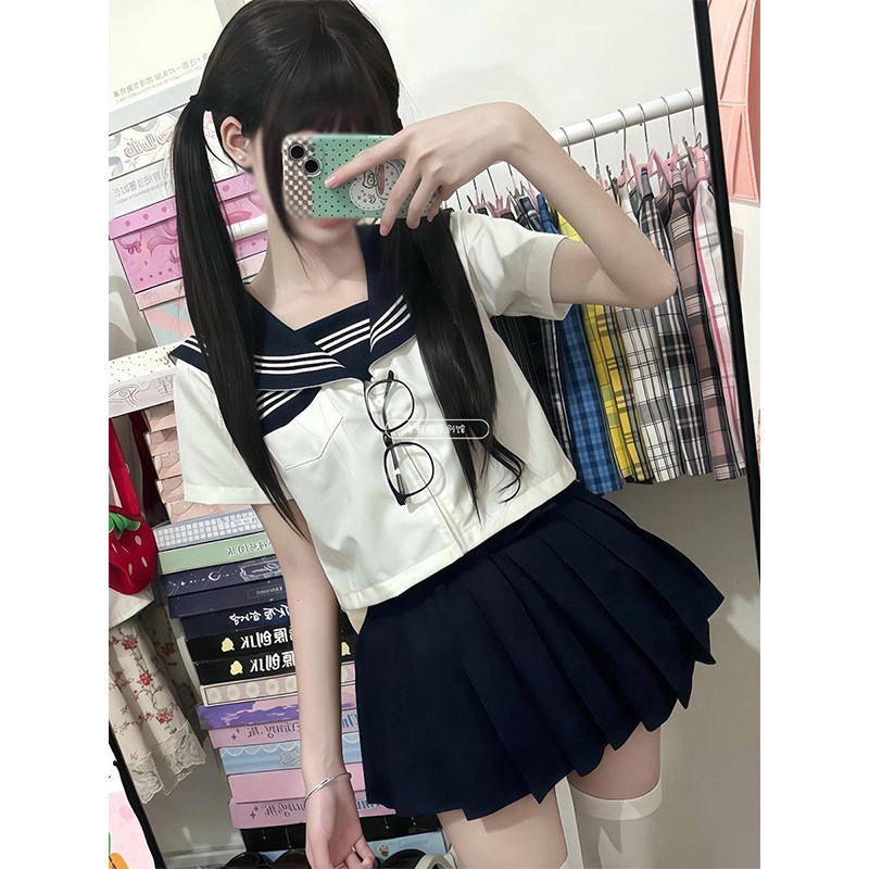 学院风日系JK制服穿搭原创白三本短袖水手服叠穿同色百褶裙套装女