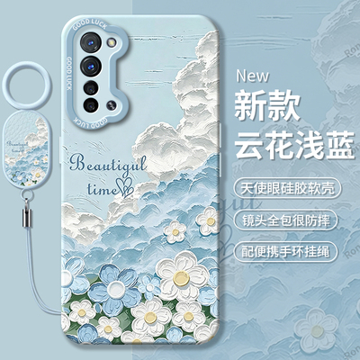 云花浅蓝适用oppoReno3元气版手机壳reno35G硅胶oppo套oppore全包opporen防摔0pp0男opopreno女oppreno新款5G