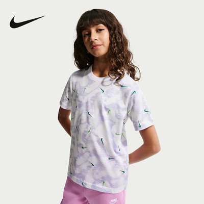 NIKE耐克夏季新款童装短袖针织衫迷彩印花小勾运动T恤 II0458-100