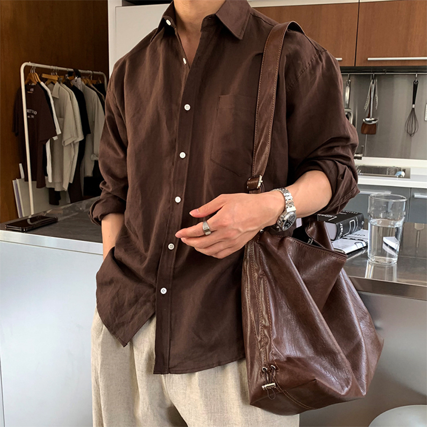 CLARALEE老钱风棉麻长袖衬衫男春秋季薄款寸衫韩系轻熟风休闲衬衣
