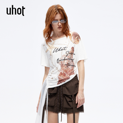 诱货海洋印花抽褶不对称打底衫