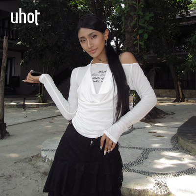uhot/诱货白色斜肩挂脖T恤