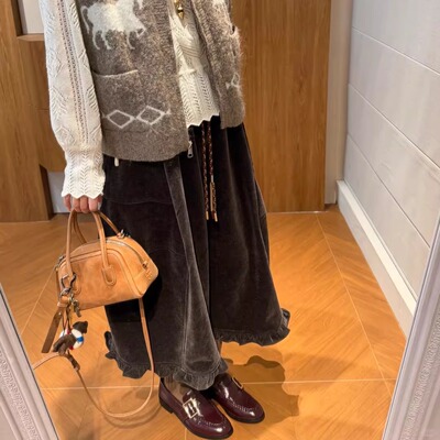 抽绳灯芯绒显瘦百搭花边阔腿裤