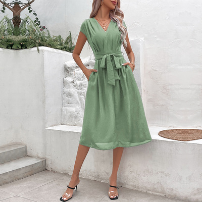 V领飞飞袖系带连衣裙女V-neck flying sleevelaceupdressforwomen