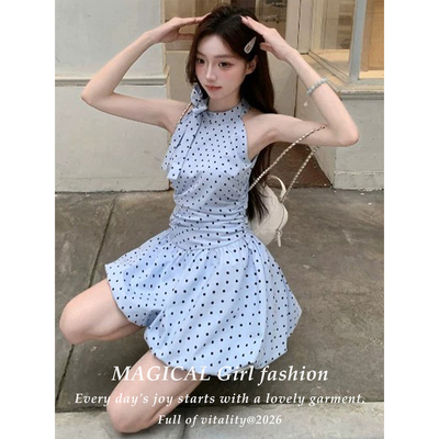 法式高级感蓝色波点挂脖连衣裙女