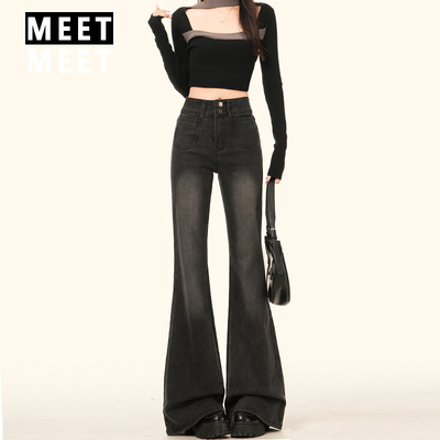 2025新款黑灰弹力微喇叭牛仔裤女