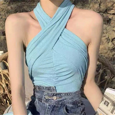 性感小心机挂脖交叉扭结吊带背心
