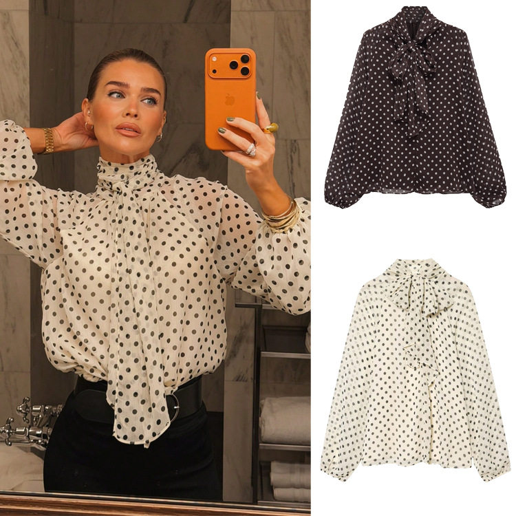Polka dot lace up long sleeved top for women波点系带长袖上衣