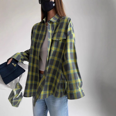 Collar plaid long sleeved shirt for women翻领格纹长袖衬衫女