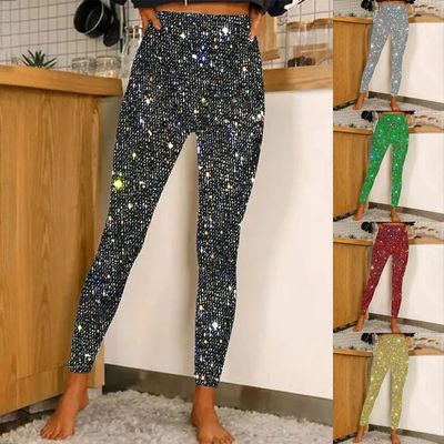 纯色松紧腰弹力亮片外穿打底裤