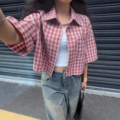 翻领格子女士休闲衬衫上衣Collar plaid women's casual shirttop
