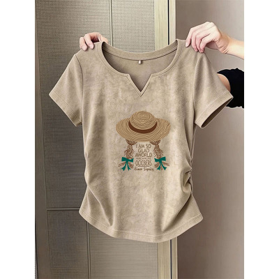 V领褶皱收腰上衣女V-neck pleated waist cinched top for women