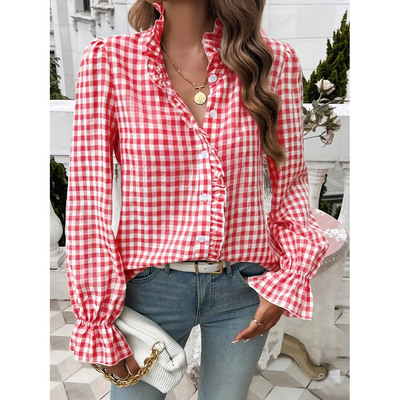 V领格子长袖衬衫女V-neck checkered longsleevedshirtforwomen