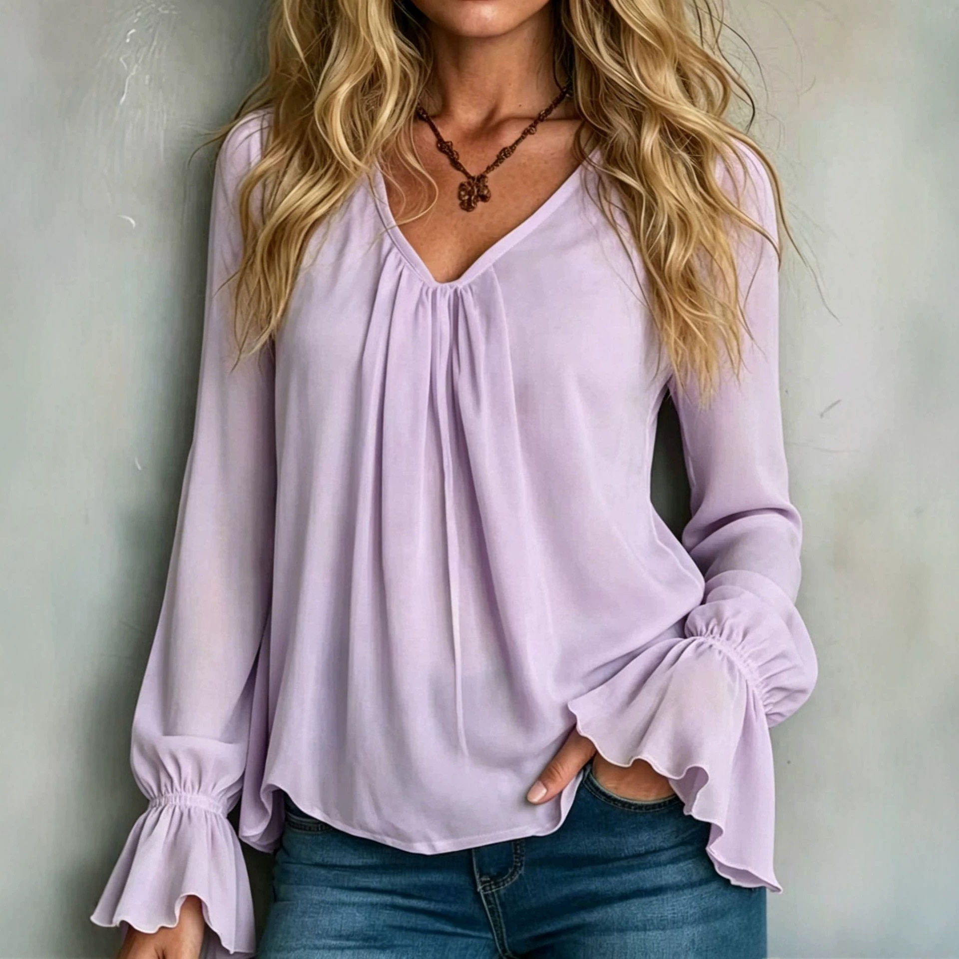 V-neck pleated long sleeved top for womenV领褶皱长袖上衣女