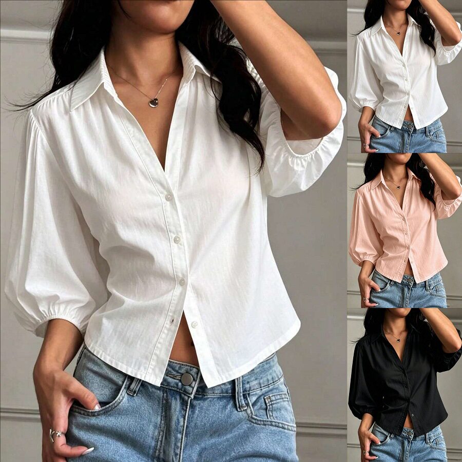 翻领单排扣衬衫上衣女Women's collar single breasted shirt top