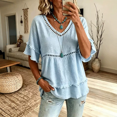 V领女士中袖休闲上衣 V-neck women's mid sleeved casual top