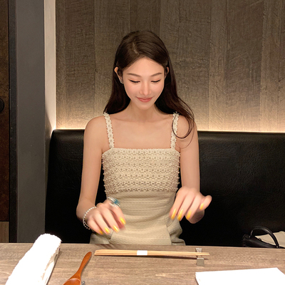 Boamarket 珍珠小雏菊吊带连衣裙针织蕾丝轻奢高级感小香风小礼裙