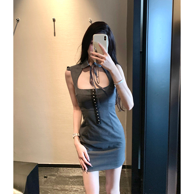 Boamarket vintage dg灰色连衣裙女夏新款立领设计蝴蝶结绑带裙子