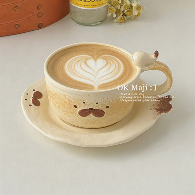 可爱海豹杯子陶瓷马克杯家用喝水杯拿铁拉花杯高颜值咖啡杯碟套装