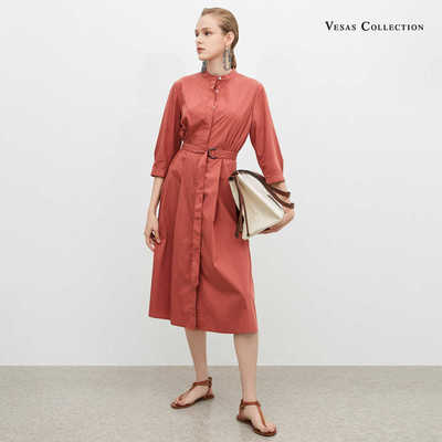 西瓜红纯色OL腰带连衣裙