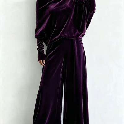 Slant shoulder top and wide leg pants set斜肩上衣阔腿裤套装