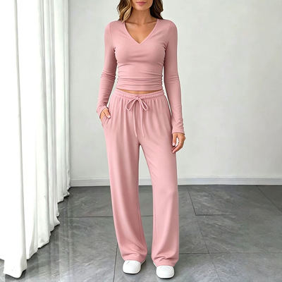 V-neck long sleeved wide leg pants set  V领长袖阔腿裤套装