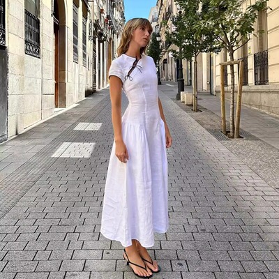 新中式A型亚麻纯色收腰裙