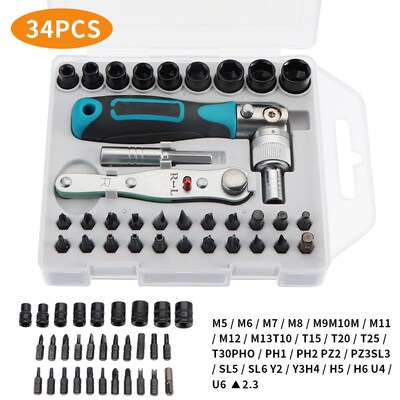 34Pcs Universal Ratchets Tool 180° Rotation Fast Ratchet Sc