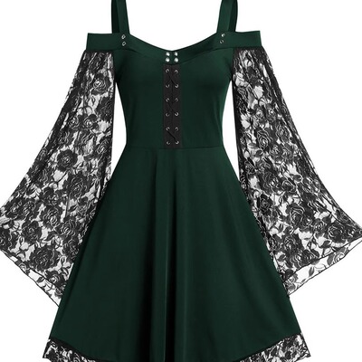 一字肩蕾丝拼接连衣裙