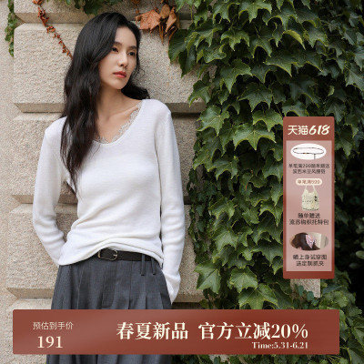 AIRIQI春季新款蕾丝V领针织衫