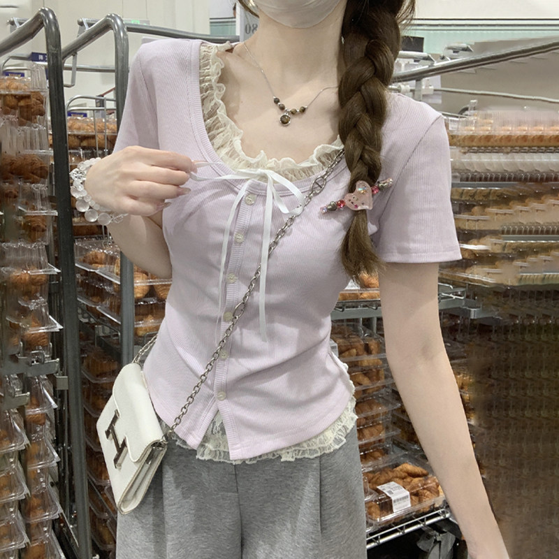 法式温柔风蕾丝假两件短袖t恤女小个子甜辣韩版钮扣上衣正肩T恤