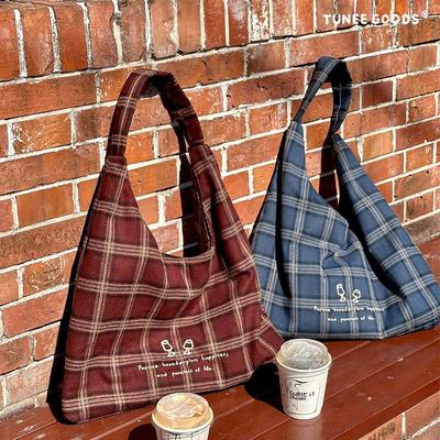 毛呢格纹托特包大容量单肩包