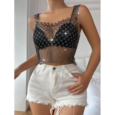 INS womens sexy nightclub hollow mesh rhinestone small top
