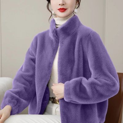 高档仿水貂绒短外套2024秋冬款保暖休闲时尚洋气百搭开衫立领上衣