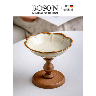 BOSON·Hoxi· 果盘家用客厅复古风中式果盘陶瓷高脚盘 | 荷栖