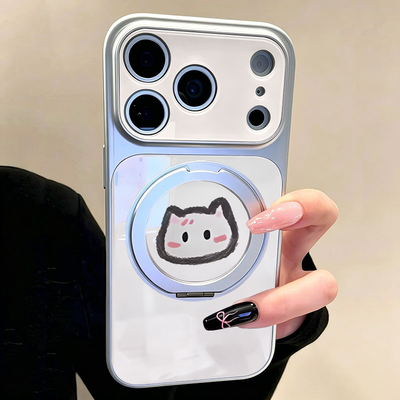 皱眉小猫适用苹果17pro手机壳iphone16保护套15plus硅胶小米oppo红米玻璃壳华为荣耀vivo秒变新款女旋转支架