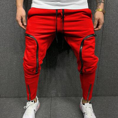 Men Pants Solid Color Drawstring Casual Multi Zippers Pocket