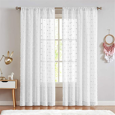 White Sheer Pompom Curtains for Bedroom Living Girls Room Po