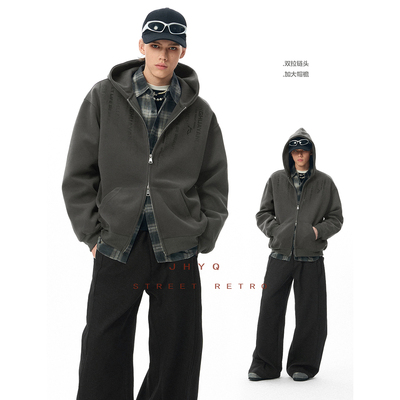 JHYQ净化眼球竖纹代码连帽开衫卫衣男宽松leanfit潮牌休闲外套