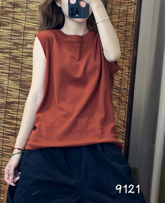 夏季棉质宽松圆领无袖T恤女