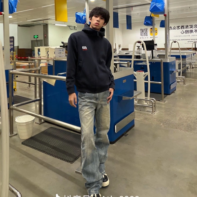 ZLAYCO美式高街水洗猫须竹节纹cleanfit做旧牛仔裤潮直筒微喇裤子