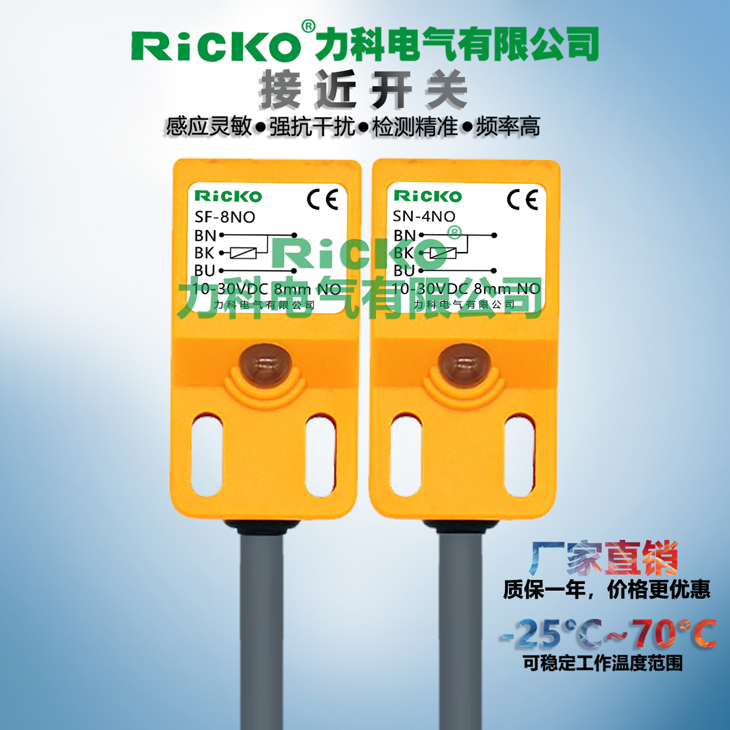 RiCKO方形三线24V接近开关SN-4NOSF-8NOPON0NC感应金属限位传感器