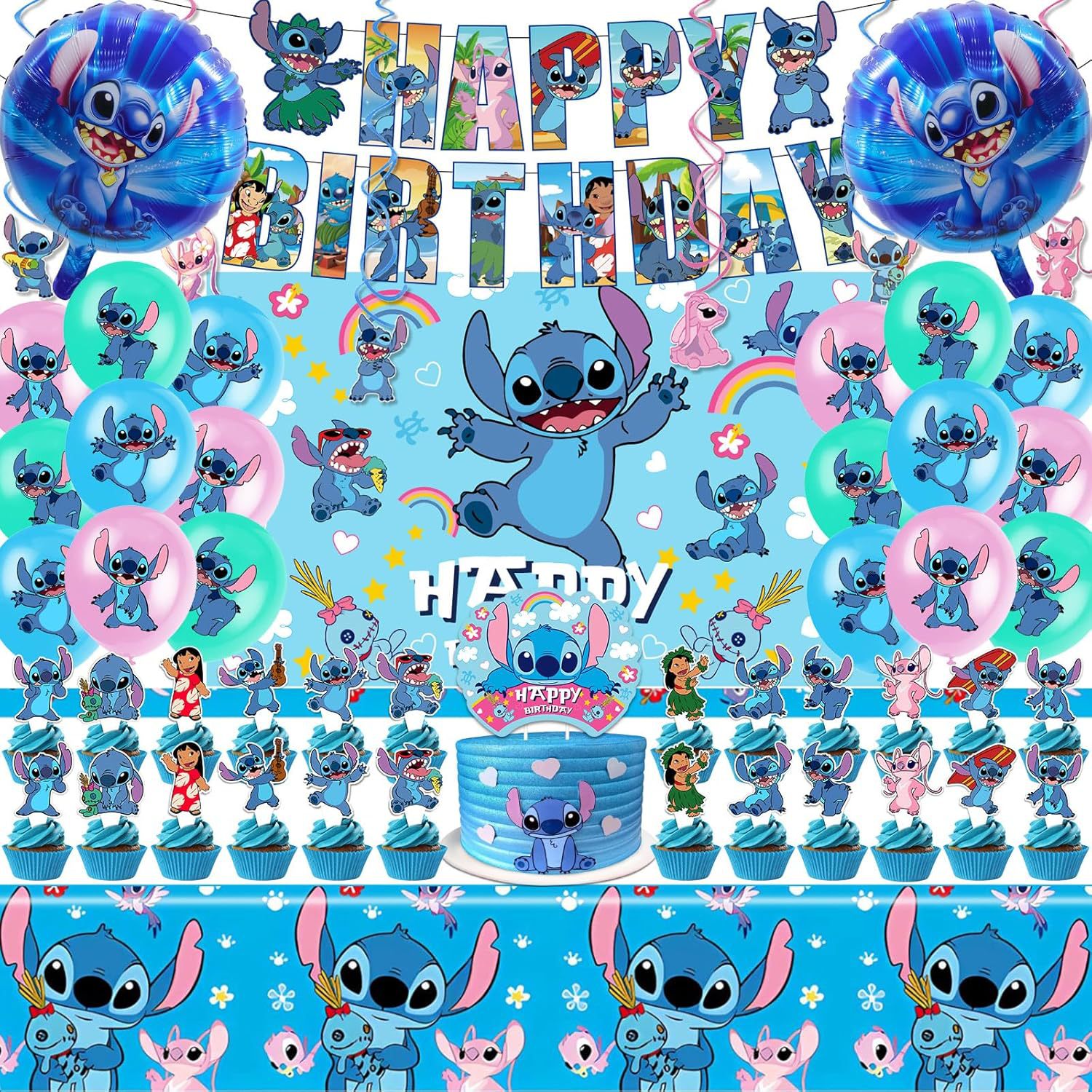 史迪仔主题儿童生日场景布置用品聚会派对装饰品横幅气球拉旗套装