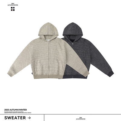 UNF 美式复古拉链针织连帽卫衣宽松休闲帽衫情侣条纹开衫外穿冬季