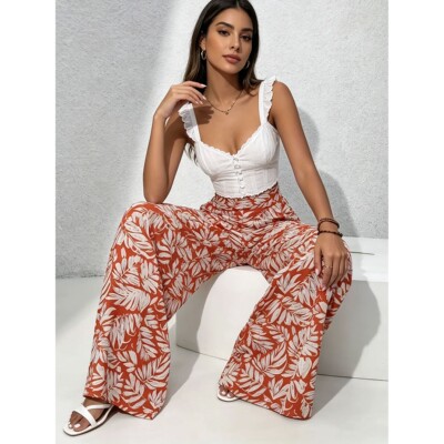 印花撞色阔腿裤女Printed contrasting wide leg pants for women