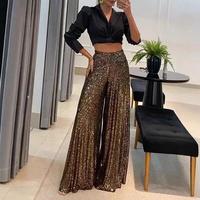 纯色高腰亮片阔腿长裤 Solid color high waisted wide leg pants