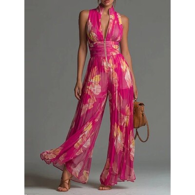 立领印花褶皱连体长裤Printed pleated irregular jumpsuit pants