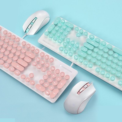 Steampunk USB Wired Gaming Keyboard Mouse Kit Round Key Cap